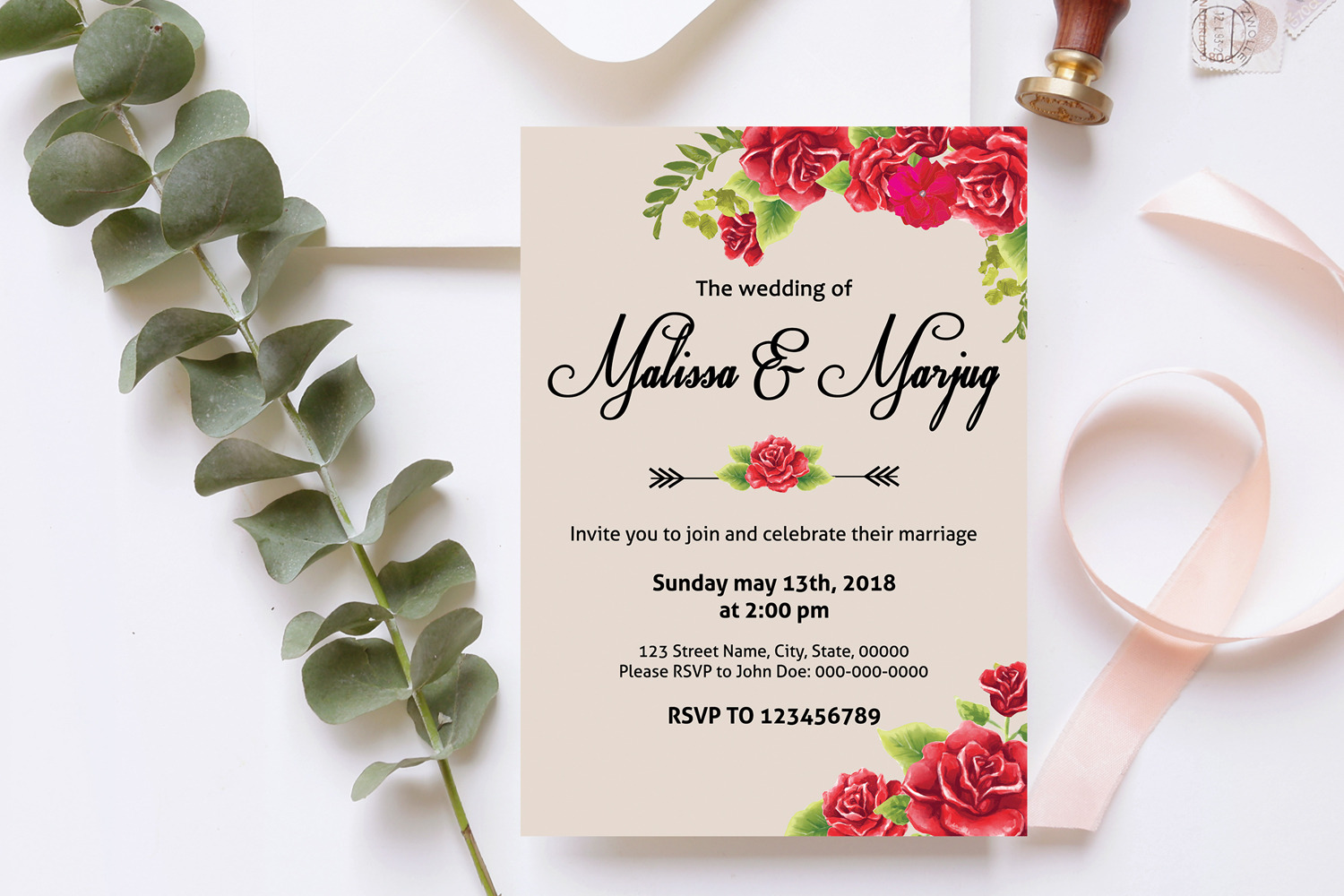 Red Flower Wedding Invitation, an Invitation Template by SmmrDesign ...