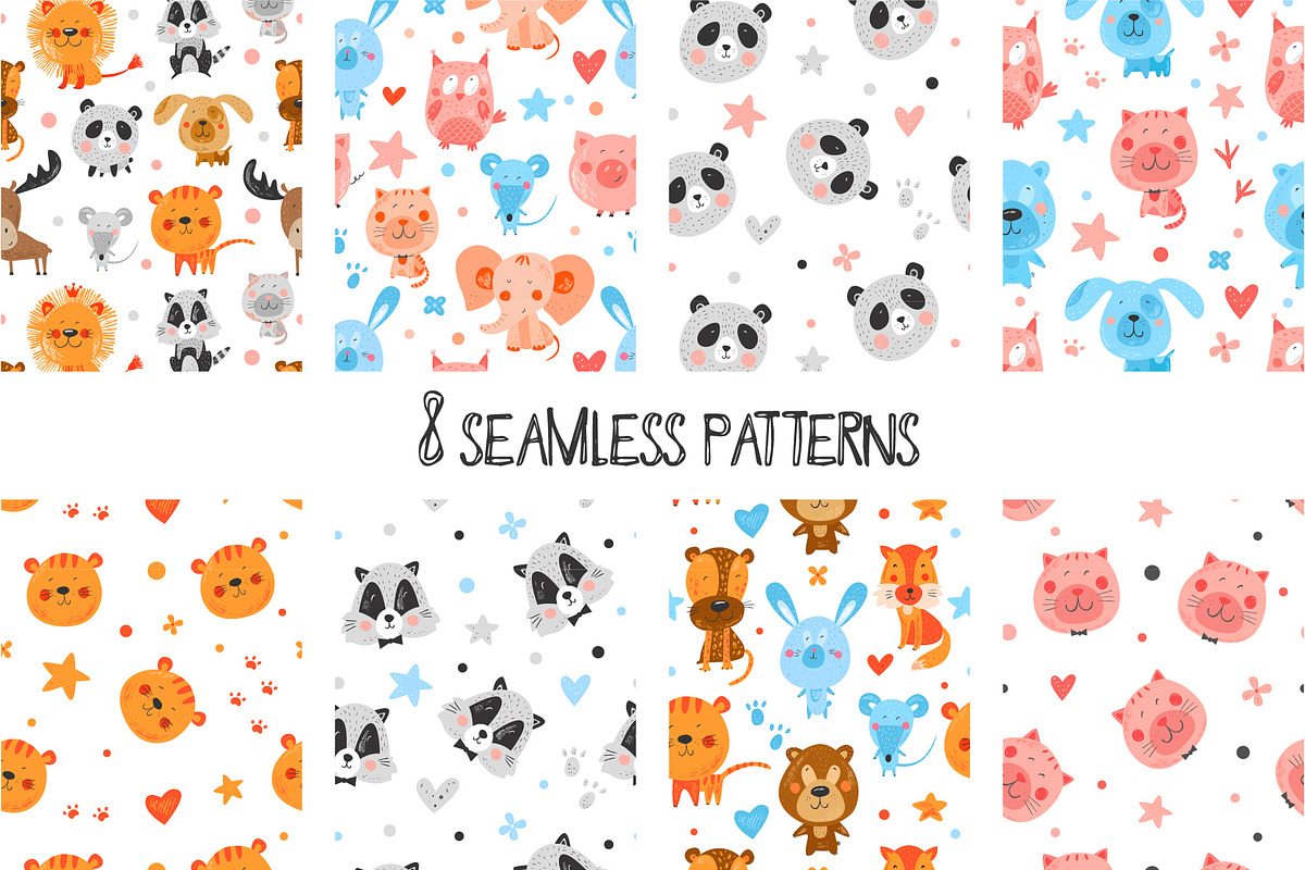 Cute smiling animals. Kids patterns., an Animal Illustration by Ulafant