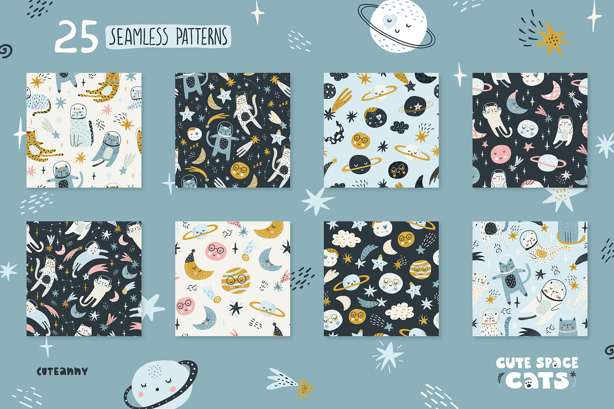 Cute space cats - graphic collection, a Pattern Graphic by Cuteanny Design
