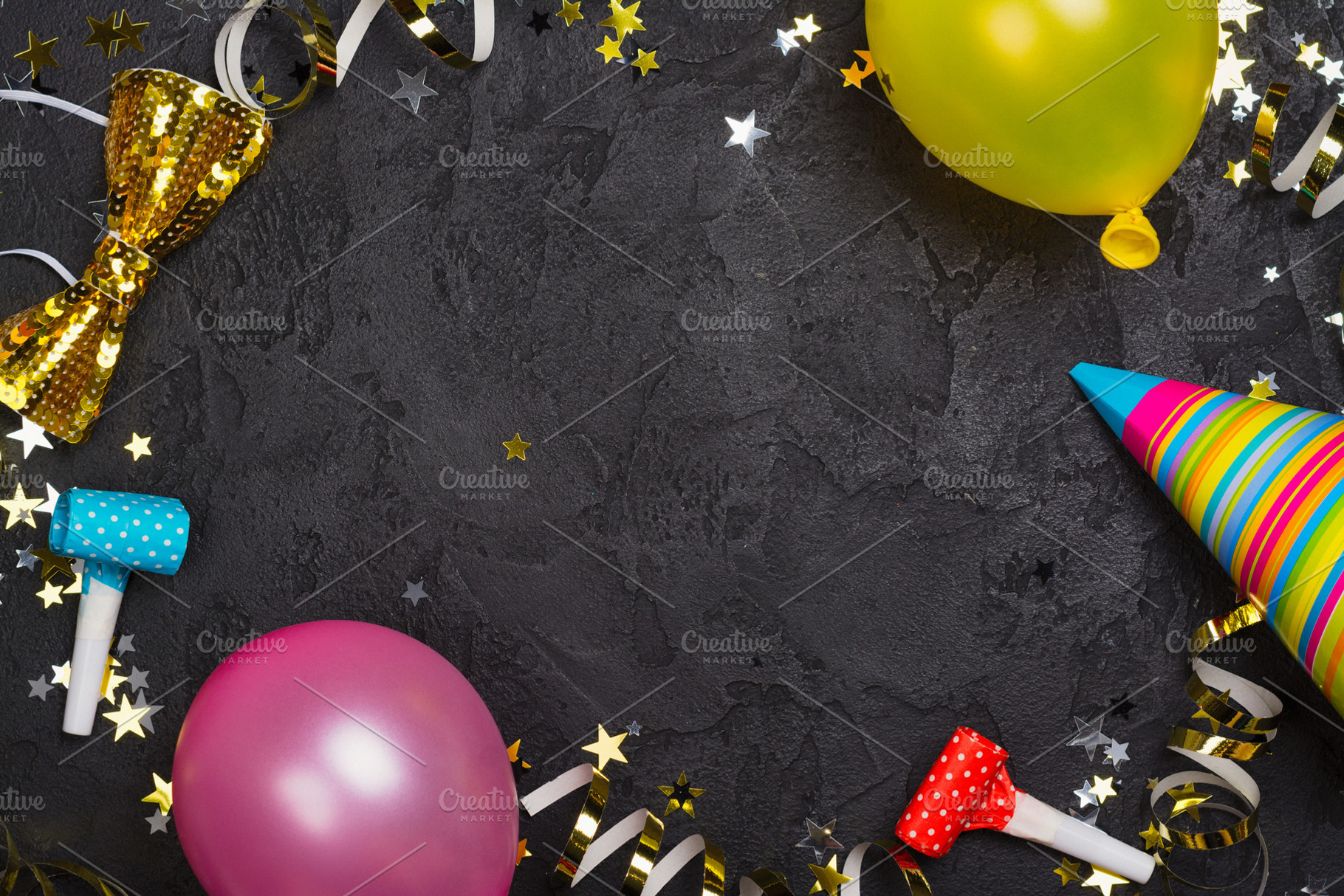 Bright festive carnival background with hats streamers confetti and ...