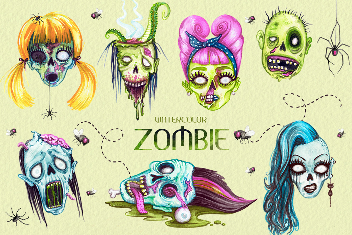 Watercolor Zombie Heads, an Illustration by Dapper Dudell