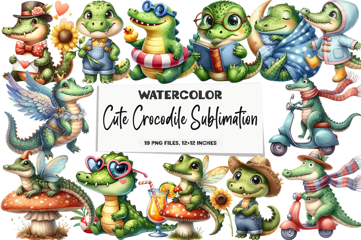 Cute Crocodile Sublimation Clipart, an Illustration by DreamArtGraphic