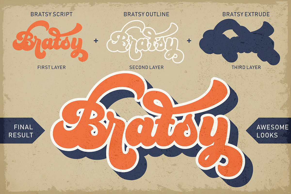 Bratsy Script - Layered Retro Font, a Script Font by figuree studio
