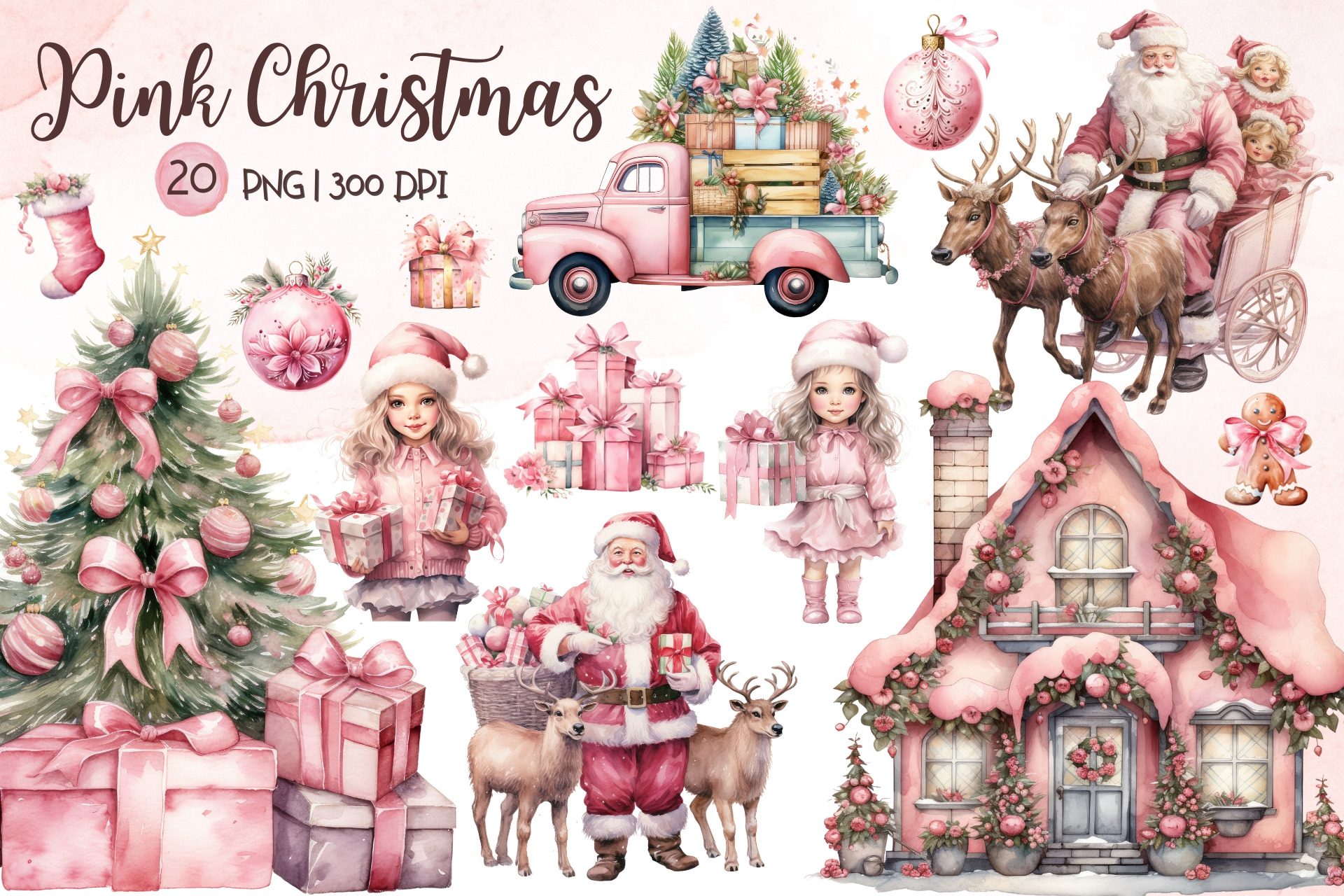 Pink Christmas Watercolor Set, a Seasonal Illustration by Maysa Art