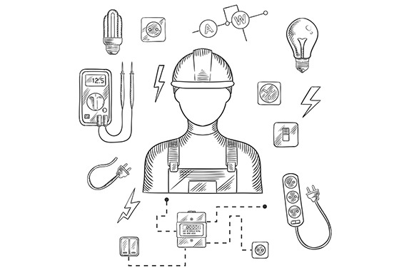 Electrician man and equipment, a Graphic by Vector Tradition