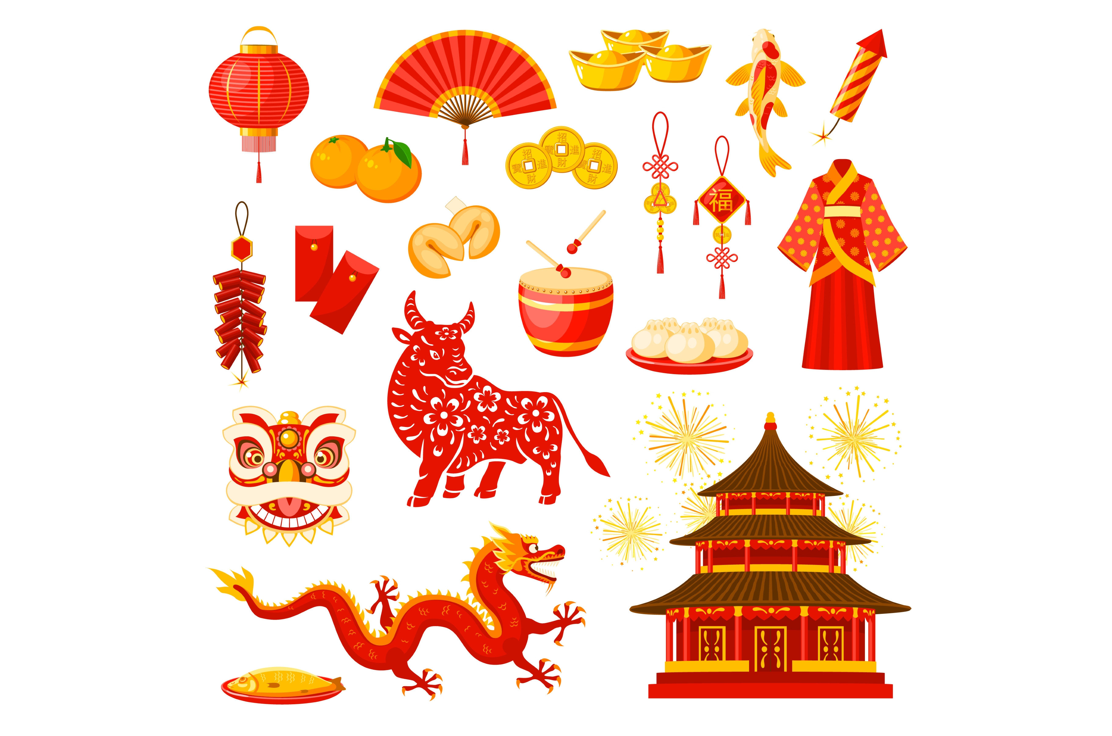 Chinese Lunar New Year symbols | Illustrations ~ Creative Market