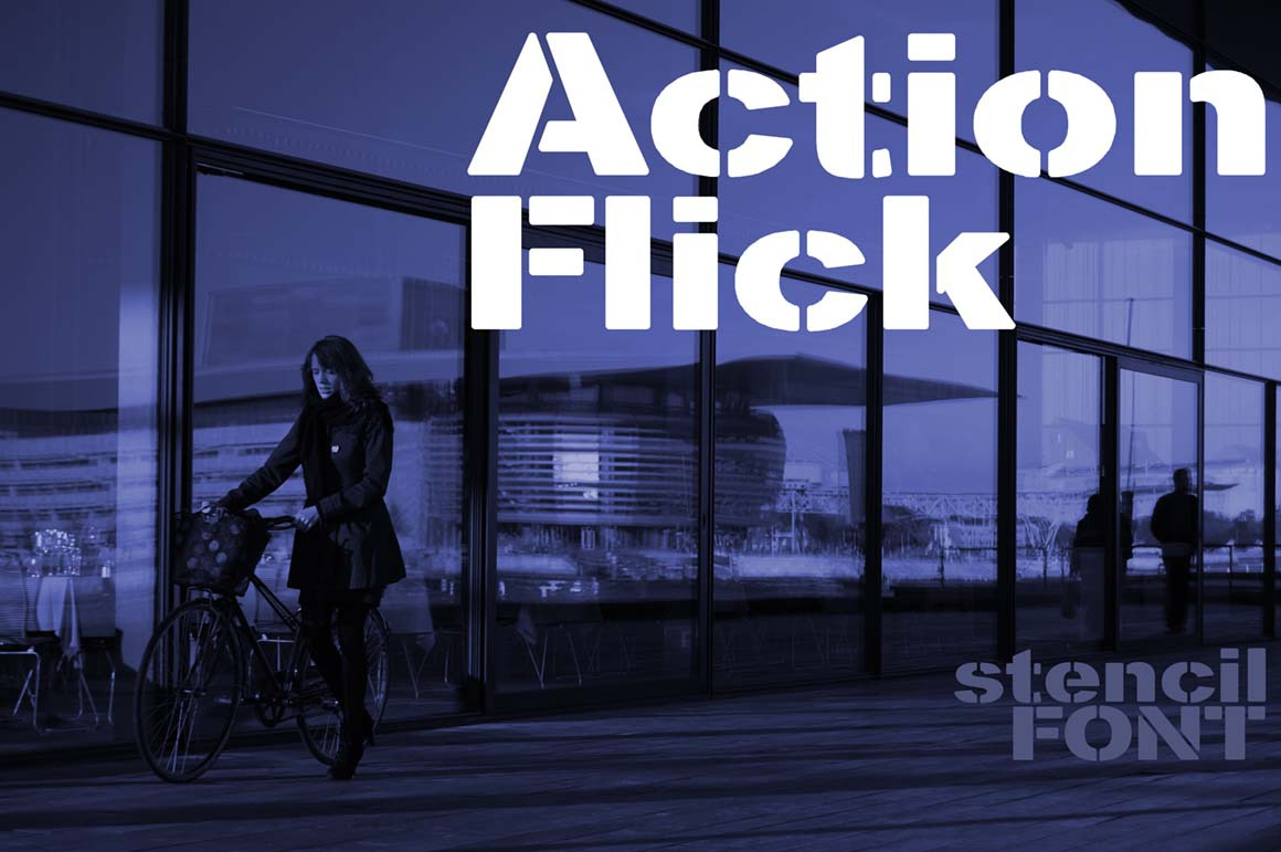 Action Flick stencil font, a Sans Serif Font by Minhocossauro Emporium