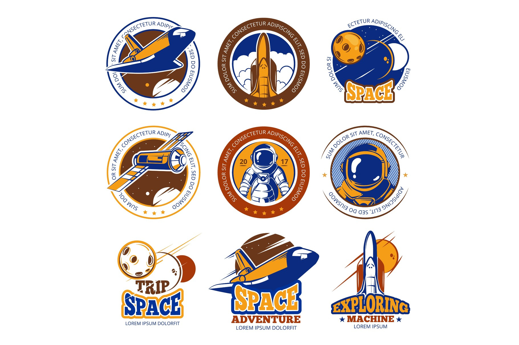 Astronaut flight, aviation, space shuttle and rockets vintage vector ...