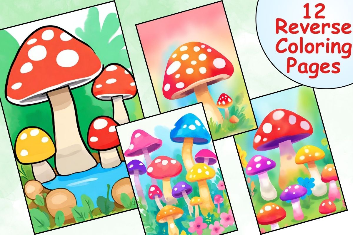 Mushroom Reverse Coloring Pages, an Illustration by Catchy Ideaz