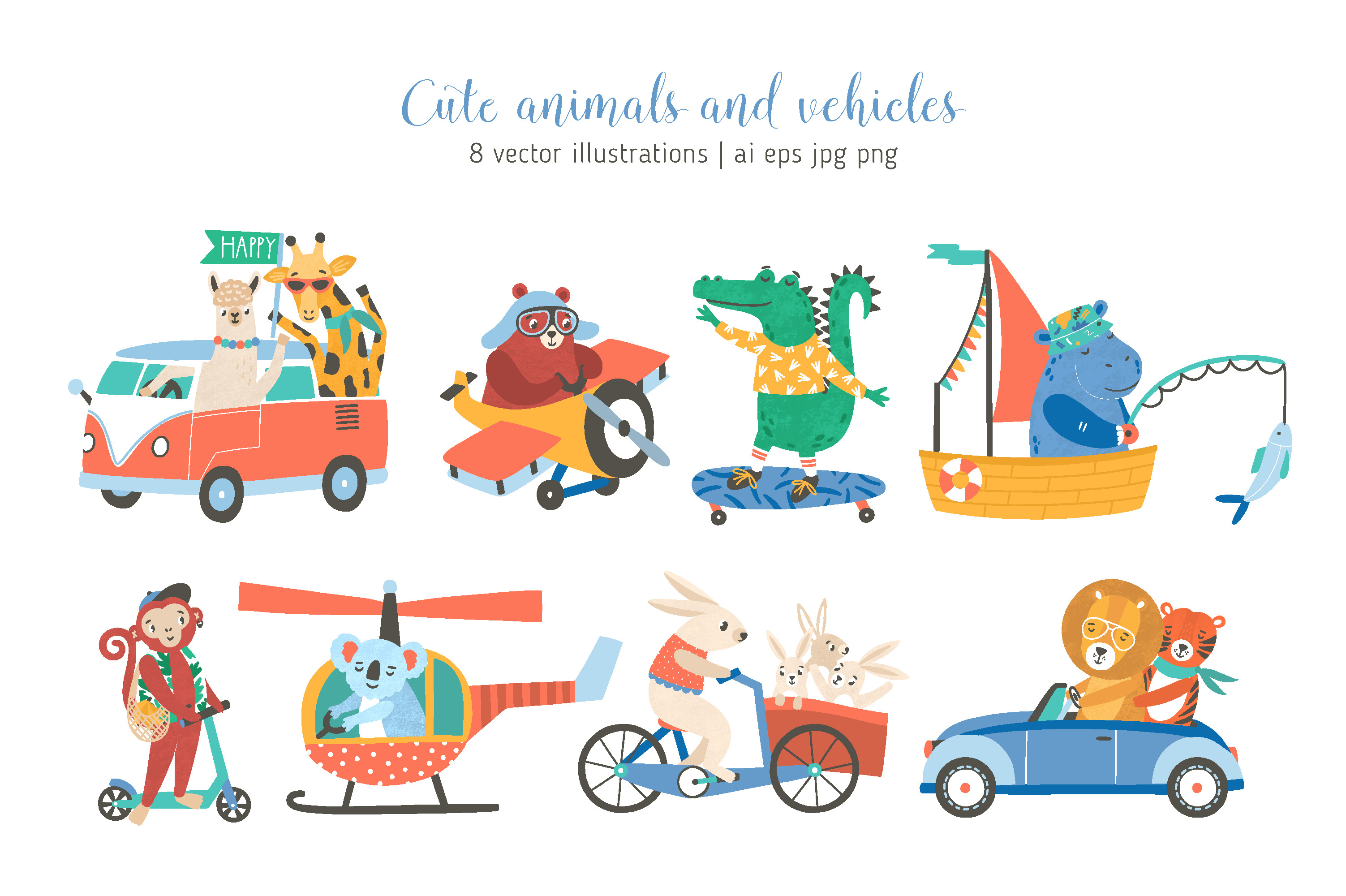 Cute animals with vehicles, an Animal Illustration by Good Studio