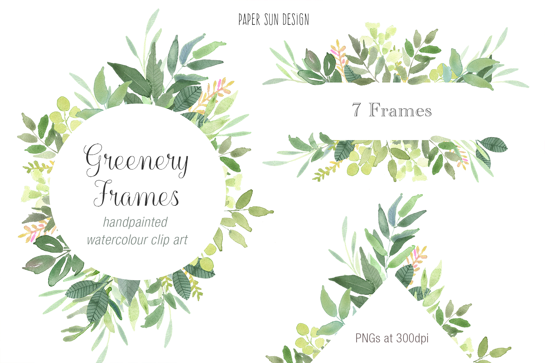 Greenery 7 Frames - Watercolour Clip, an Illustration by Paper Sun Design