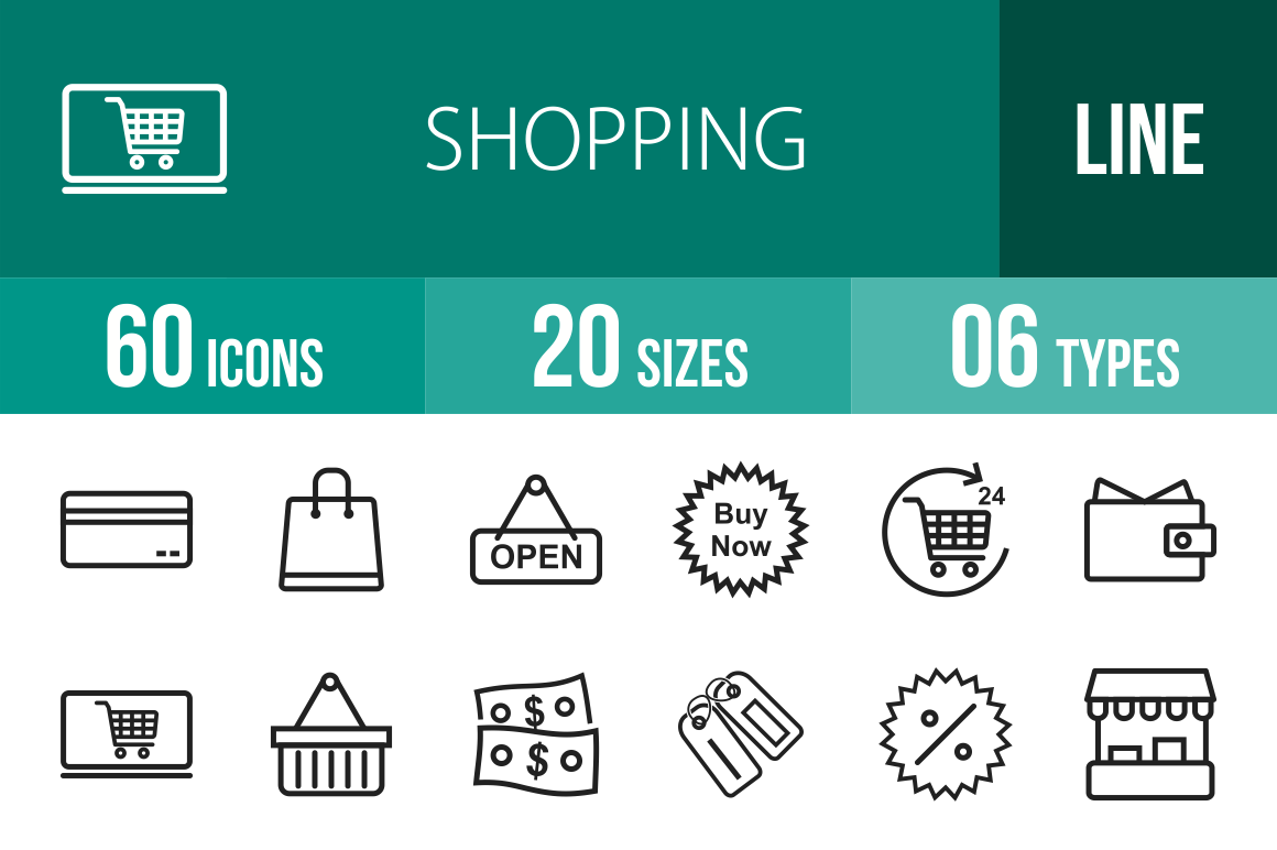 60 Shopping Line Icons, an Outline Icon by IconBunny