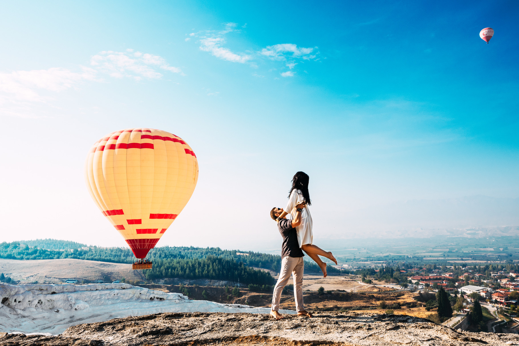 Couple in love among balloons featuring adventure, air, and ballon, a ...
