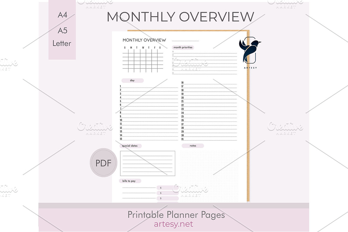 Monthly Overview Planner Page, a Stationery Template by HelArtShop