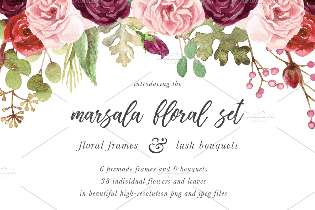 Watercolor Marsala Roses & Foliage, an Illustration by BirDIY Design