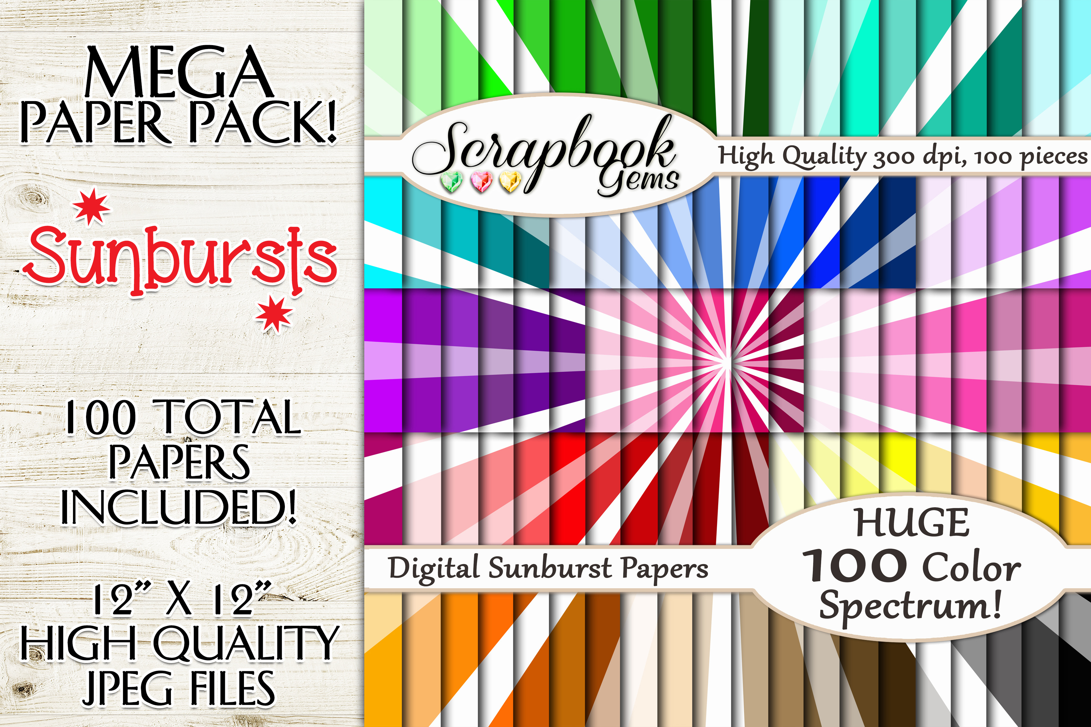 100 Colors Sunburst Pattern Papers, a Pattern Graphic by Scrapbook Gems