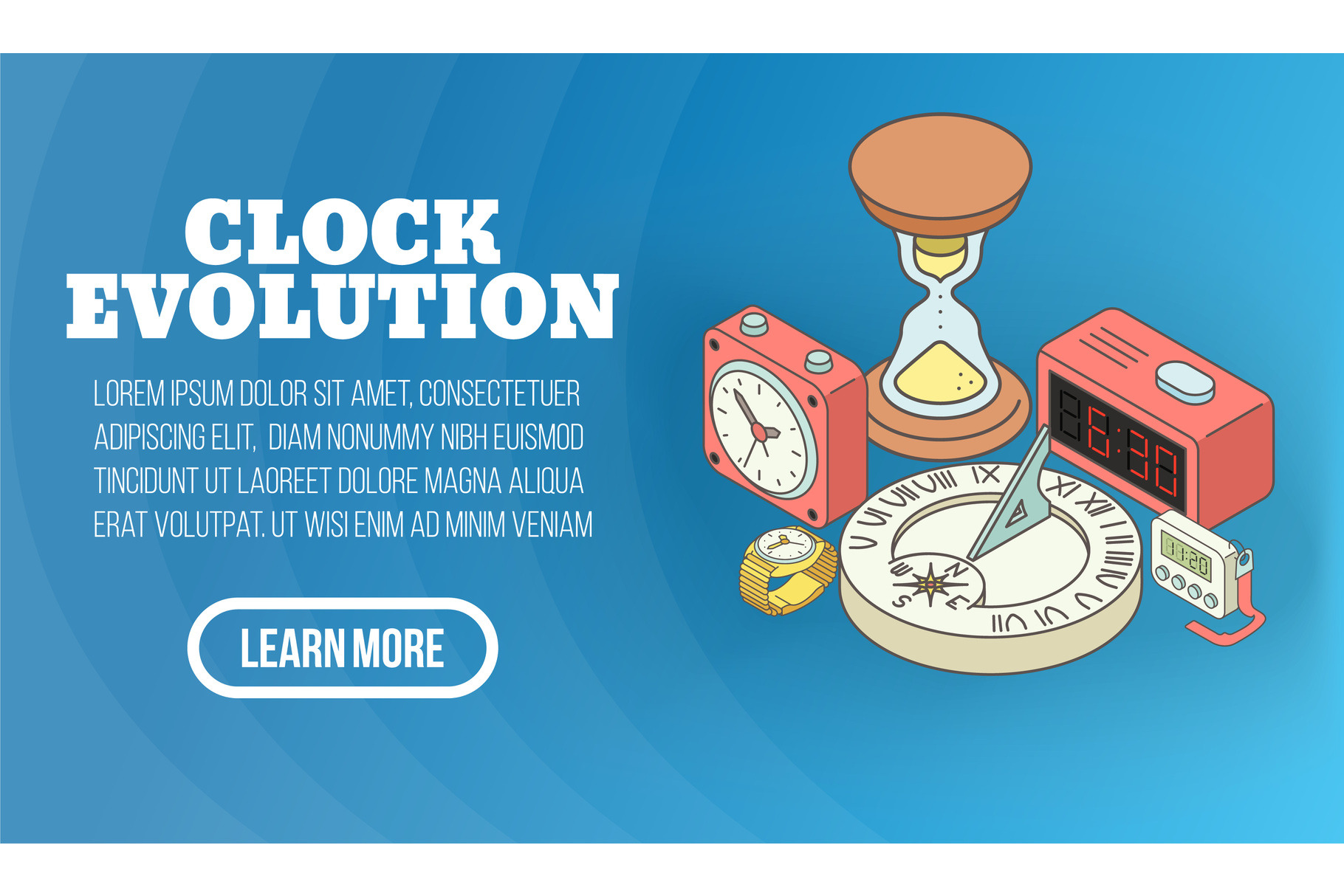 Clock evolution concept banner, an Illustration by Ylivdesign