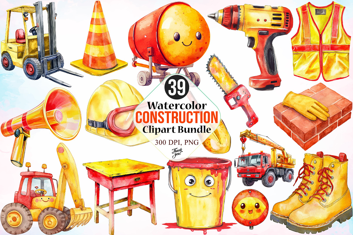 Watercolor Construction Clipart PNG, an Illustration by Canvas Craft