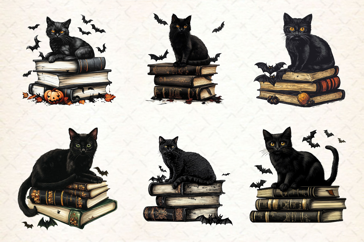 Halloween Black Cat on Books Clipart, a Work Illustration by Dream Creation