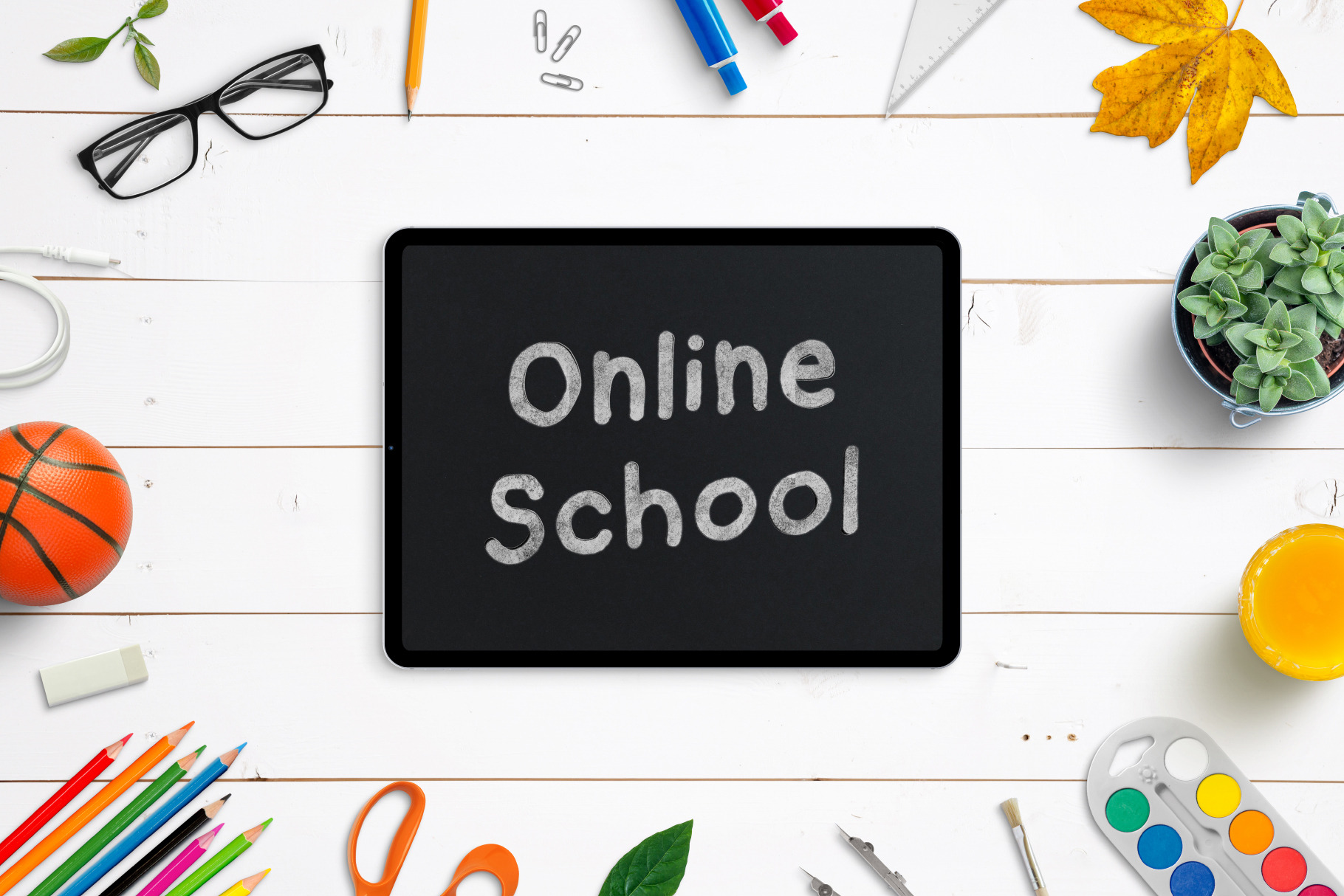 Tablet mockup and school supplies, a Pens & Pencil Mockup by RSplaneta