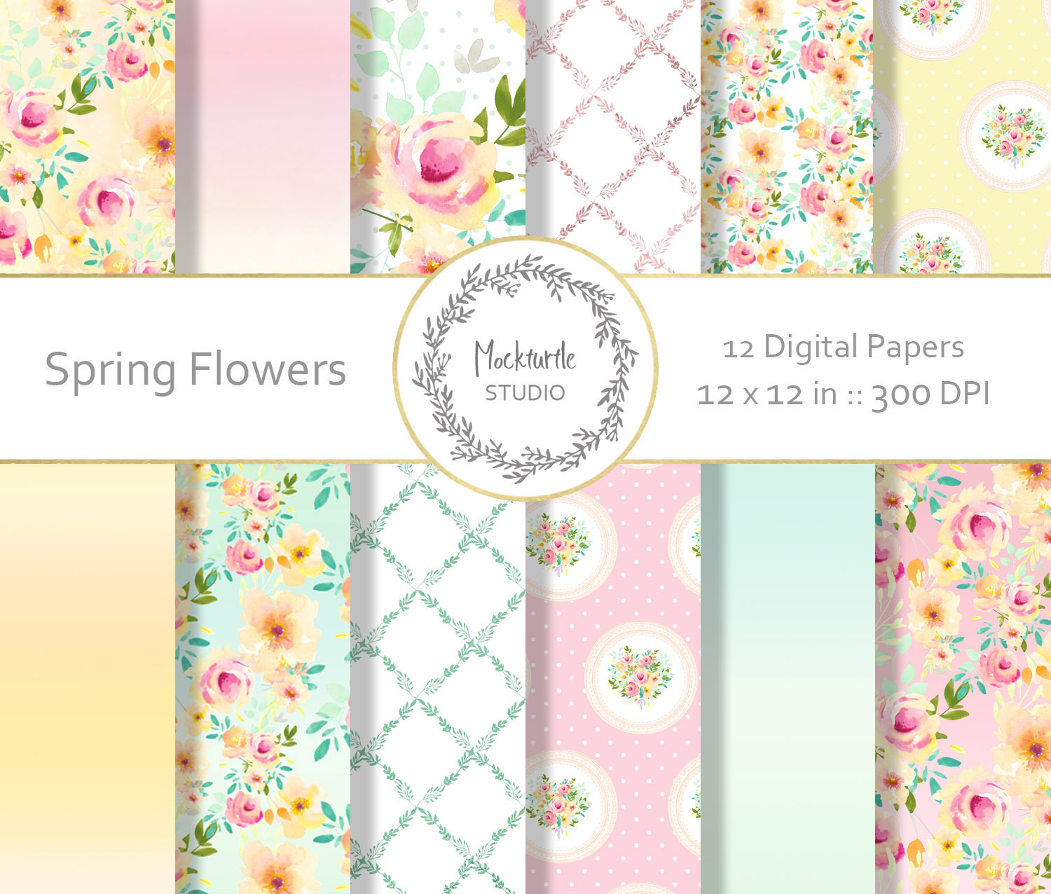 Spring Floral Digital Paper, a Pattern Graphic by MockTurtleStudio