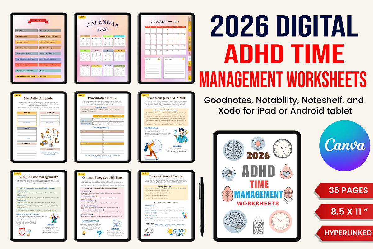 2026 Digital ADHD Time Management Wo, a Stationery Template by Designmela01