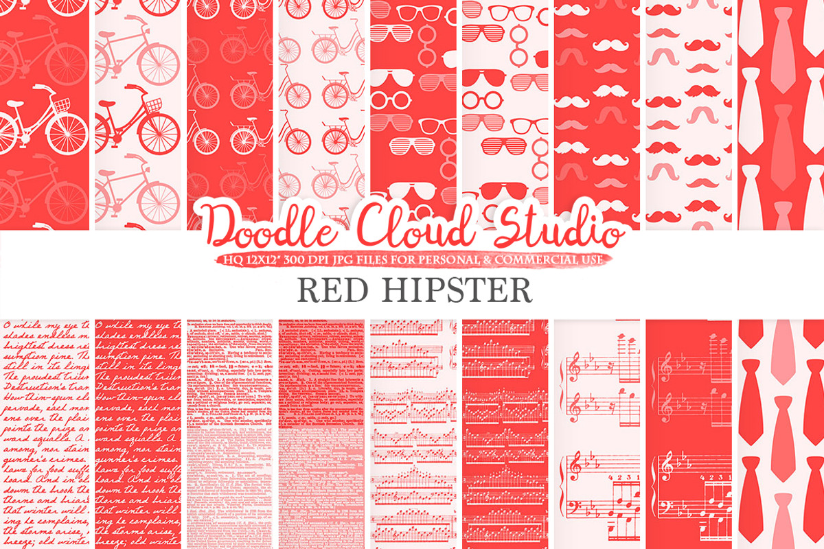 Red Hipster digital paper, a Pattern Graphic by Doodle Cloud Studio ...