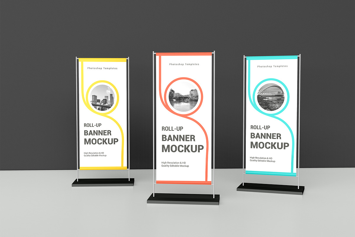 Three Stand Roll Up Banner Mockup