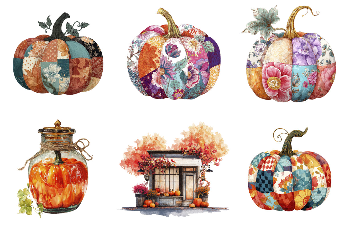 Patchwork Pumpkin Clipart Bundle, a Seasonal Illustration by InkyQueenArt