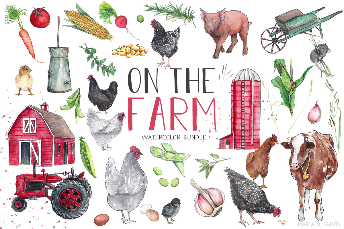 Farm Life Set of Watercolor Clip Art, an Animal Illustration by Maria B ...