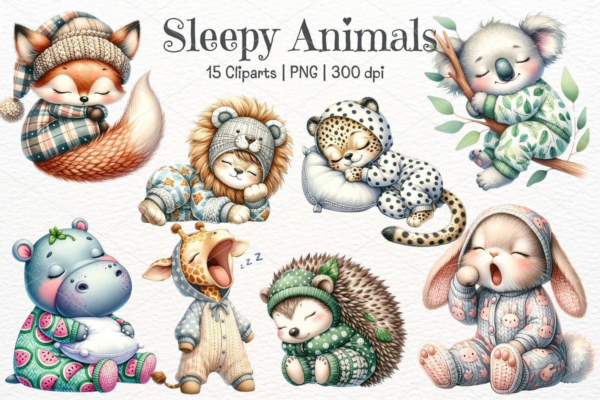 Sleepy Animals Watercolor Clipart, an Animal Illustration by Maysa Art