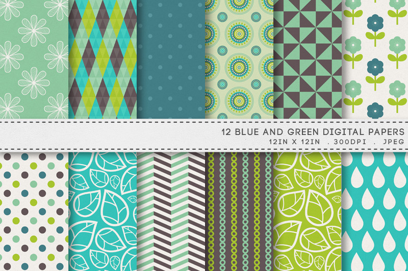 12 Blue Green Digital Papers, a Pattern Graphic by AzmariDigitals