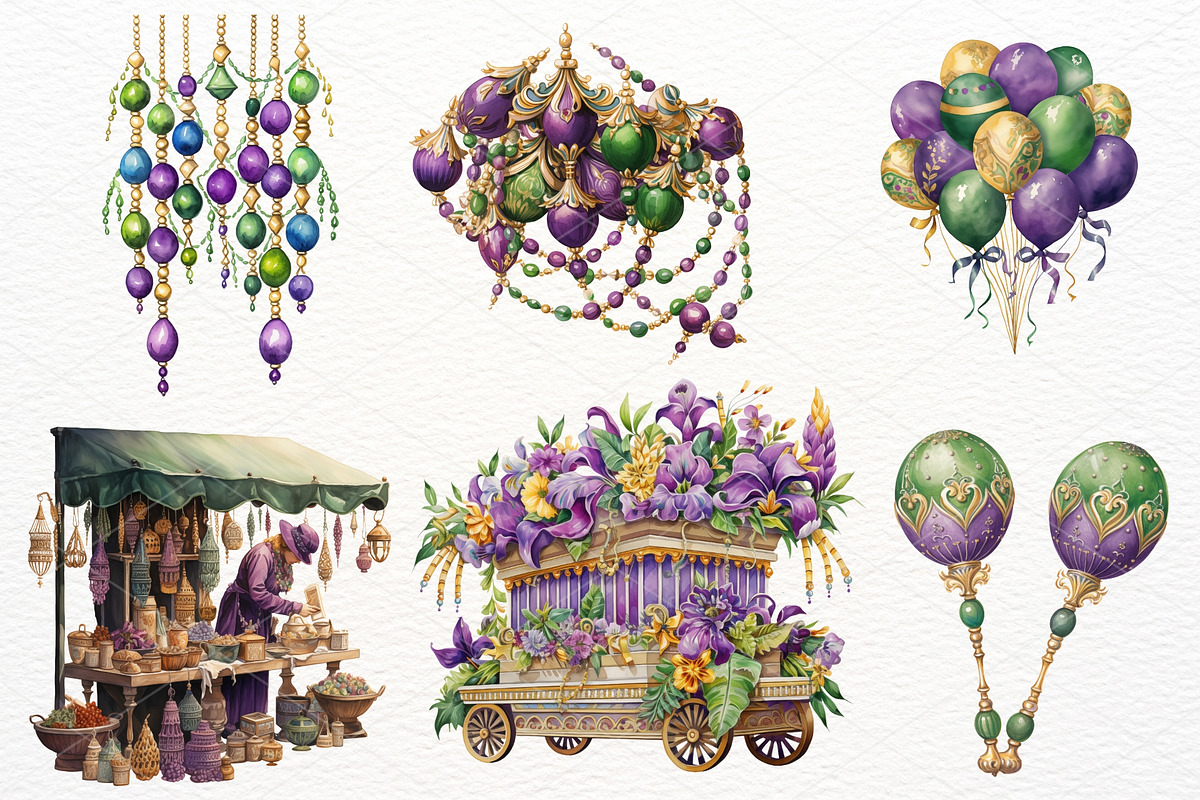Mardi Gras Watercolor Clipart Bundle, a Seasonal Illustration by Maysa Art
