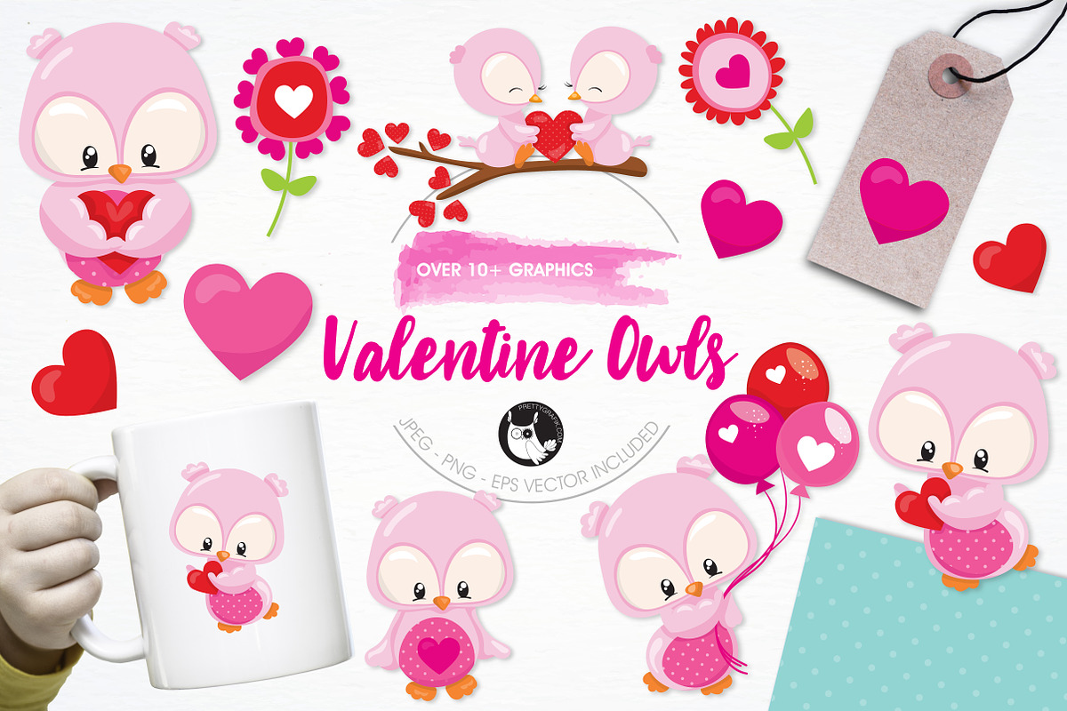 Valentine owls illustration pack, an Illustration by PrettyBundles