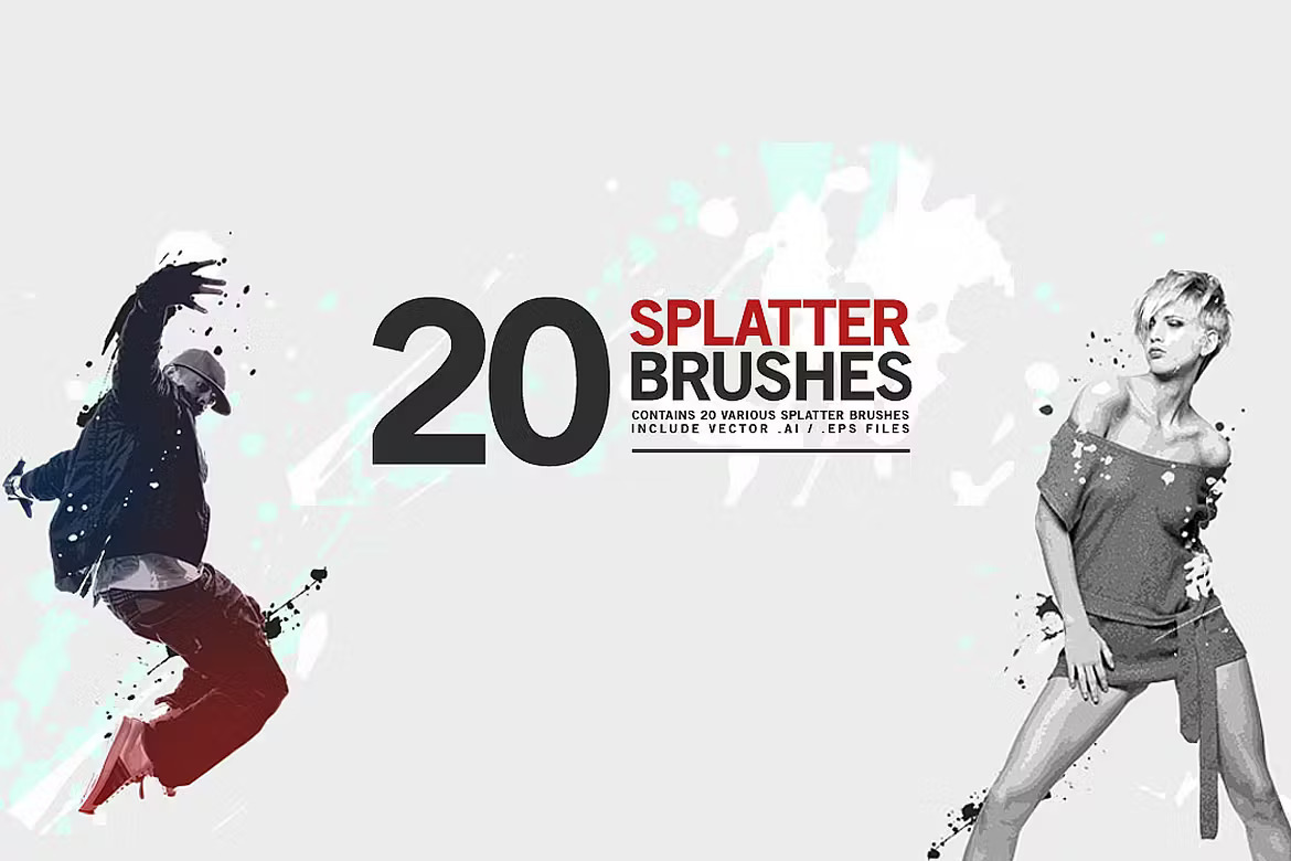 20 Splatter Brushes ABR|AI|EPS, a Brush Add-On by PaperMoon