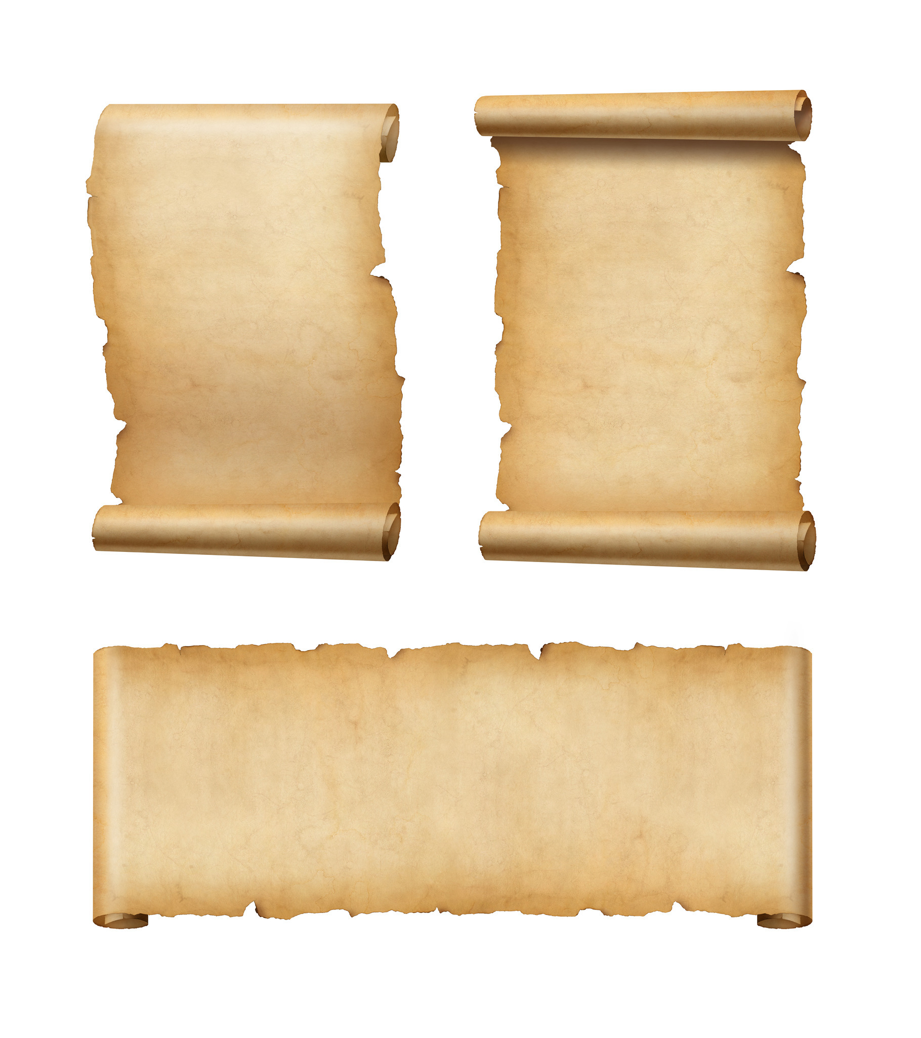 Old Parchment paper scroll set isolated on white. Horizontal and, a ...