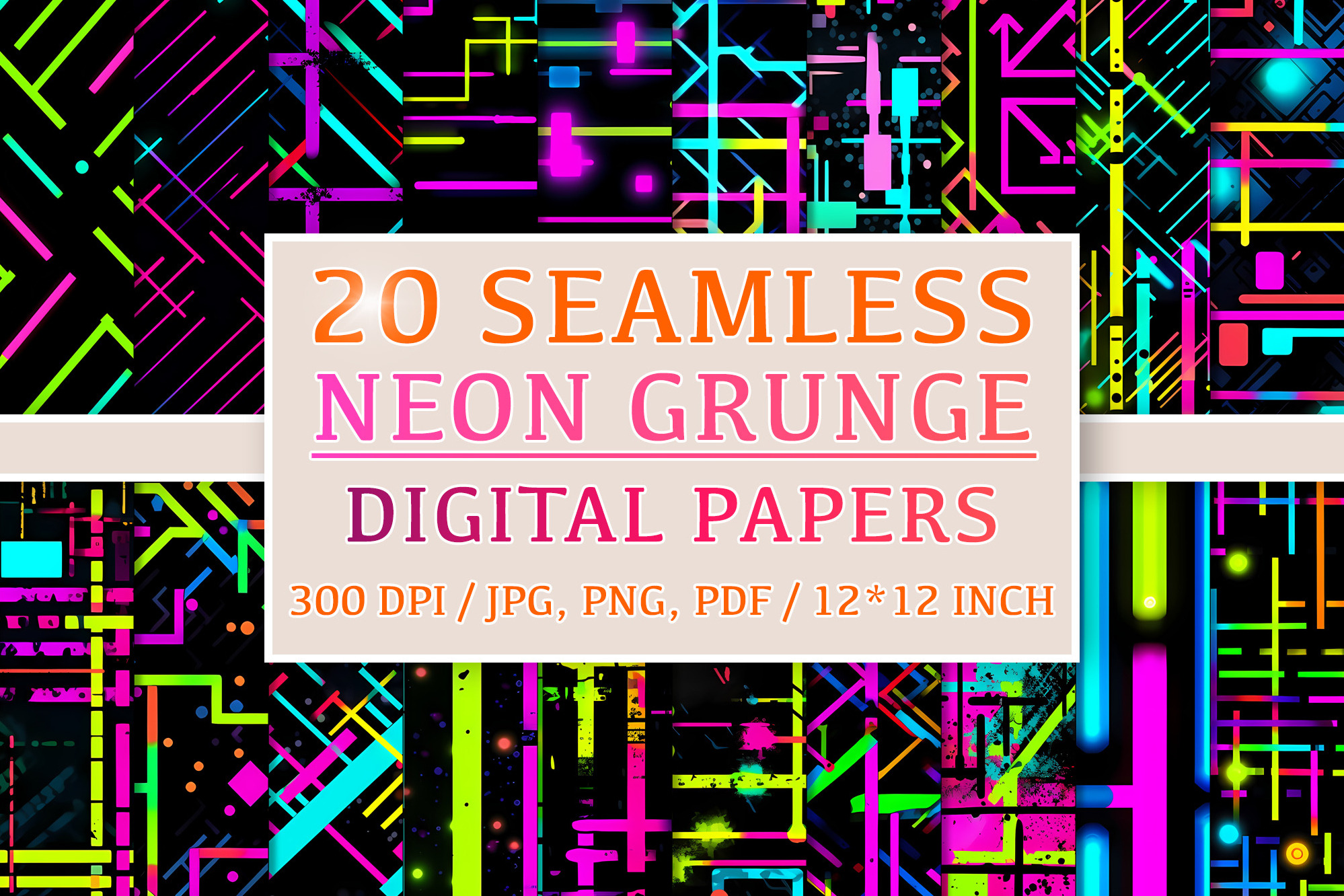 20 Seamless Neon Grunge Patterns, a Pattern Graphic by Nordic Design
