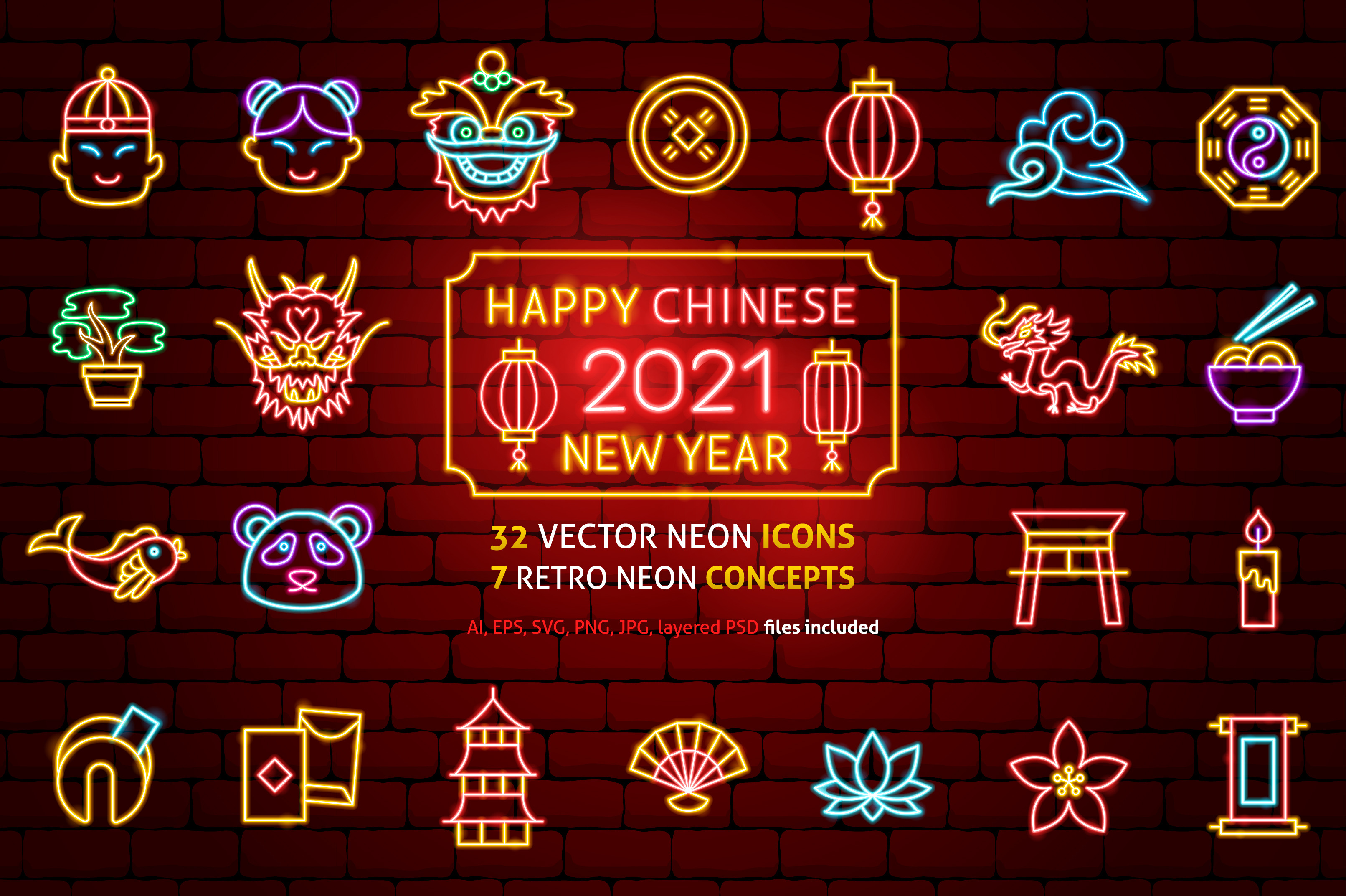 Chinese New Year Neon Icons, an Outline Icon by Anna_leni | Creative Market
