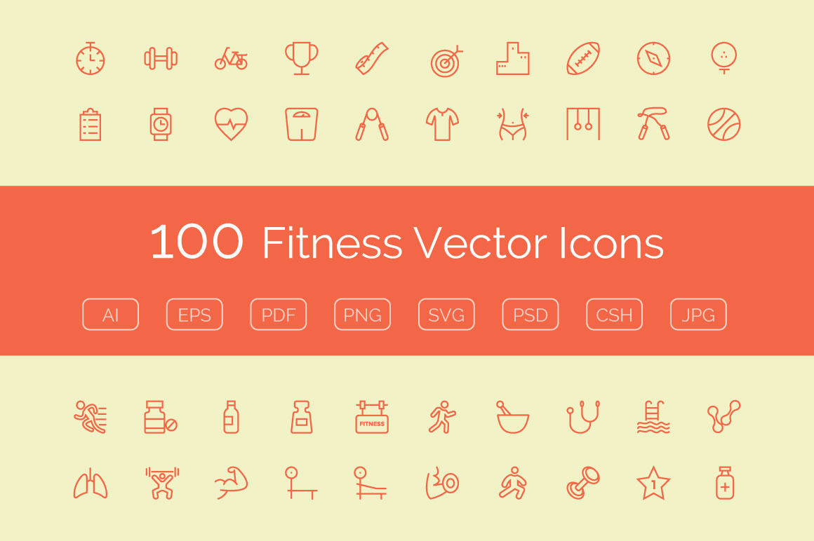100 Fitness Vector Icons, an Outline Icon by Creative Stall