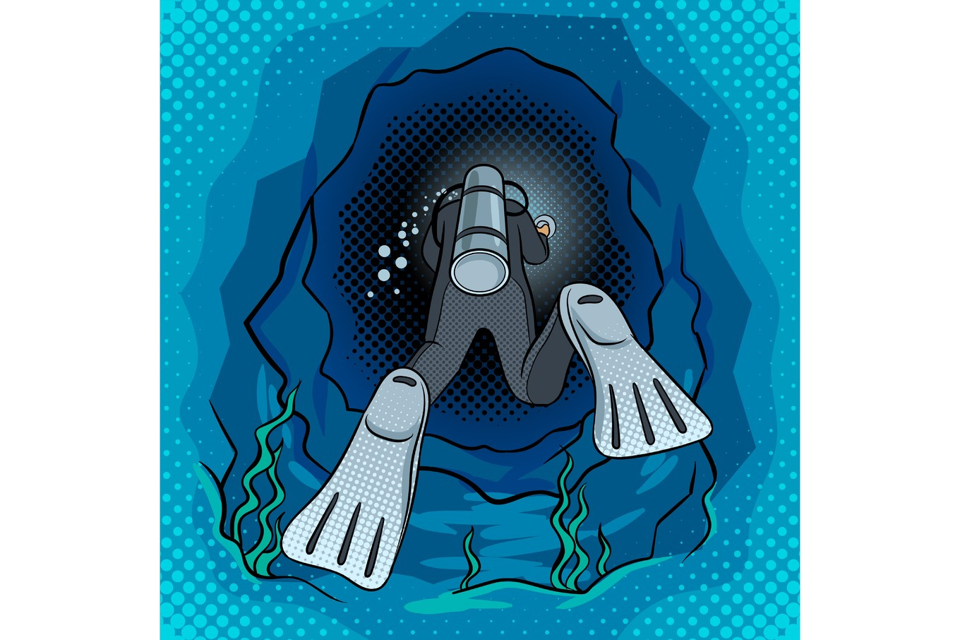Scuba diver dives into the cave pop art vector, a Decorative ...