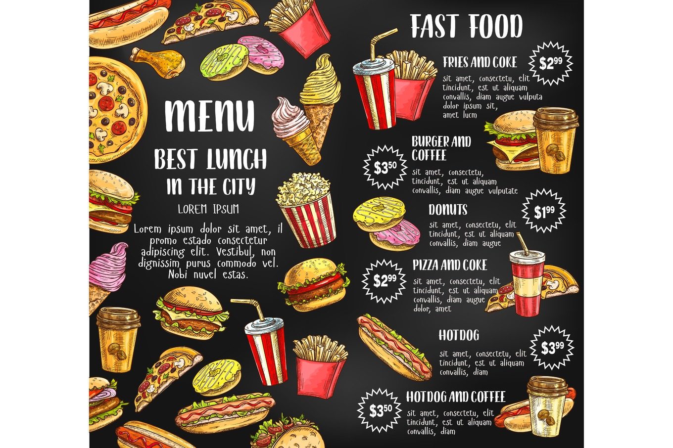 Fast food restaurant menu vector sketch poster, a Food Illustration by ...