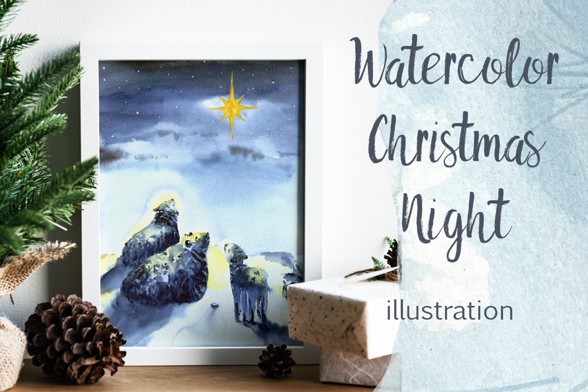 Watercolor Christmas Night Print, an Animal Illustration by Tati Bordiu
