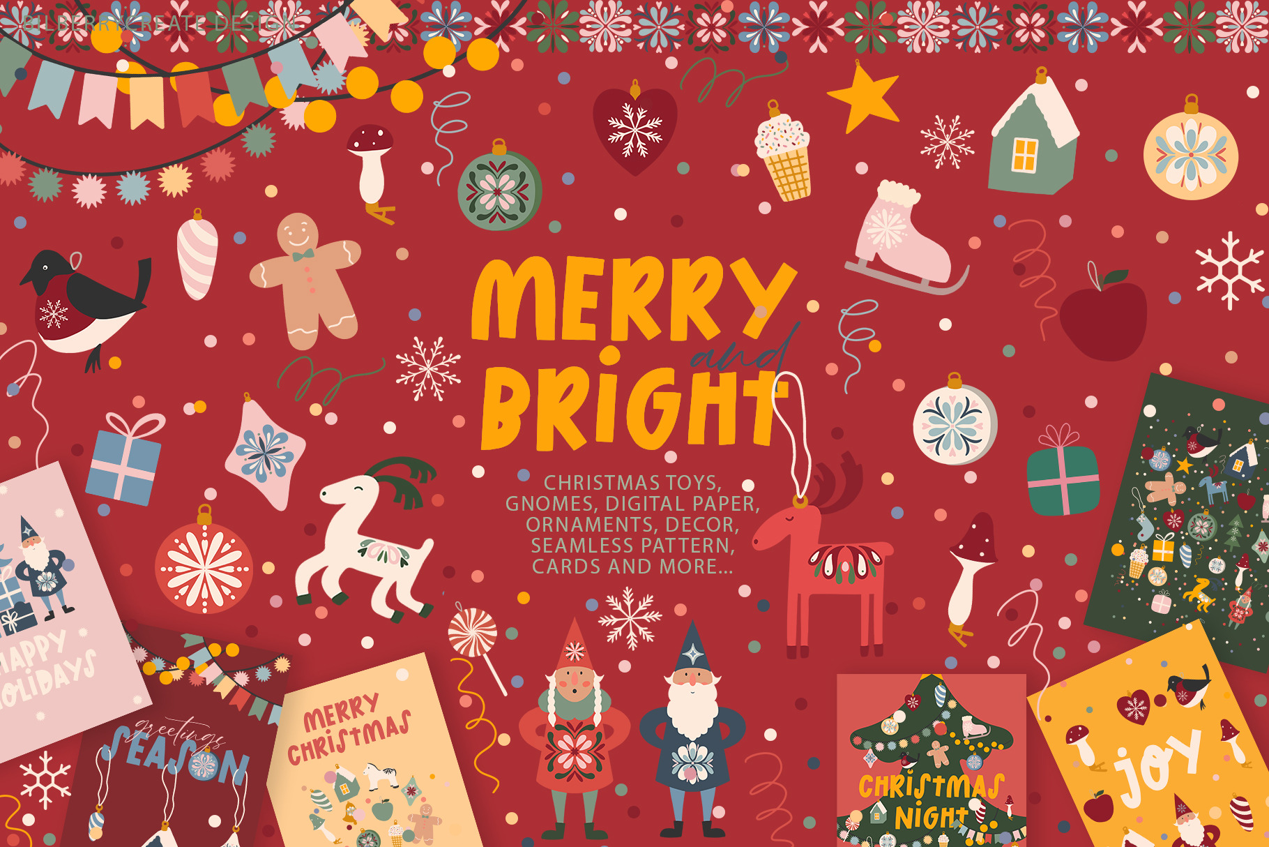 Merry and Bright Christmas art set, a Seasonal Illustration by ...
