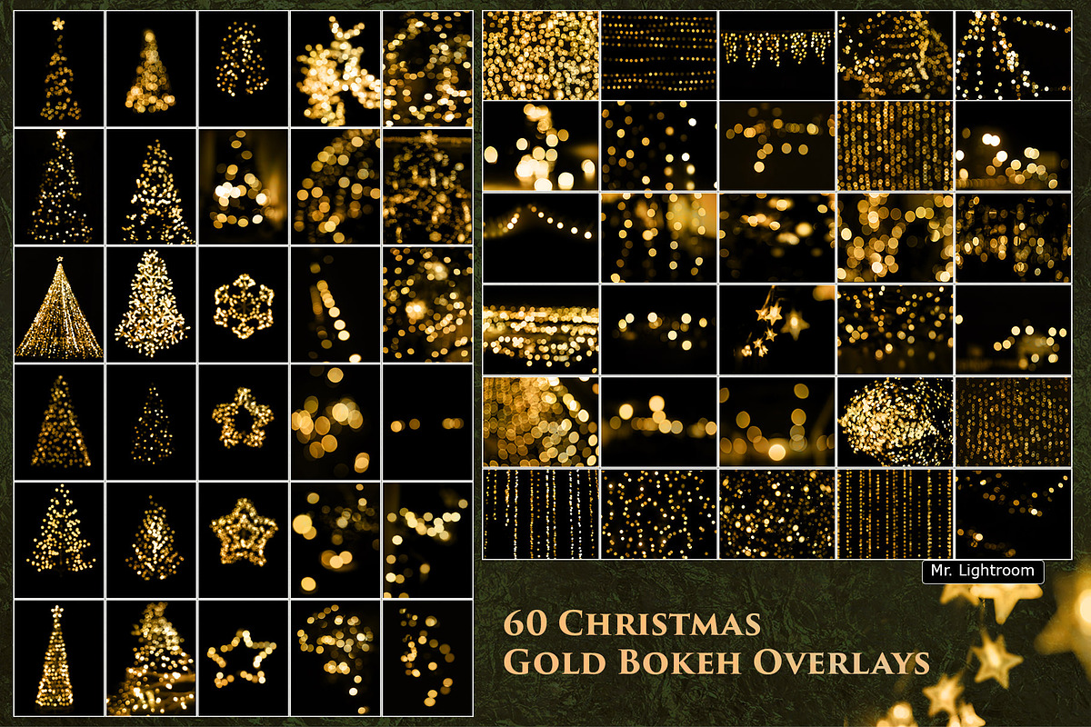 60 Christmas Gold Bokeh Overlays, a Brushes & More by HappyNews