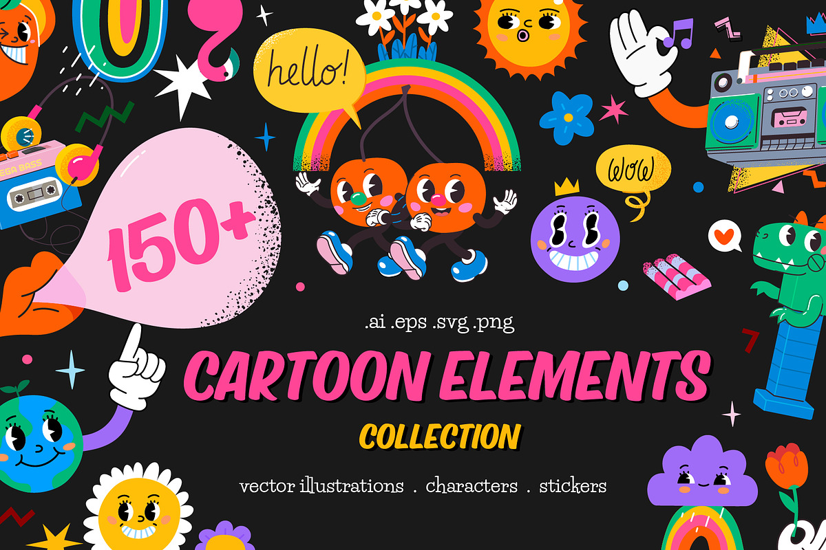 Trendy Cartoon Illustrations Set, an Illustration by Moonery's