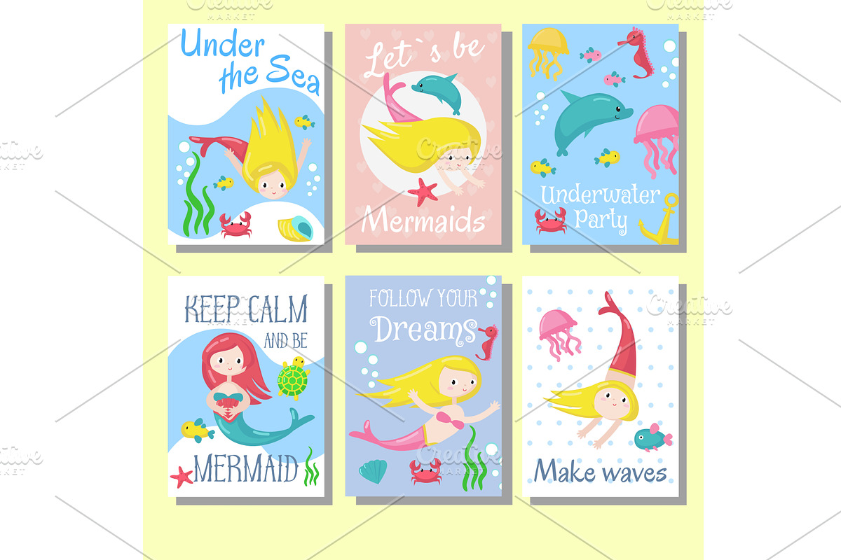 Cute mermaid cards vector template, an Animal Illustration by Siberian ...