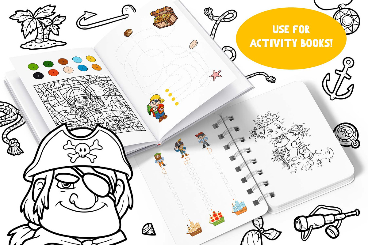 Pirate cartoon set of activity games