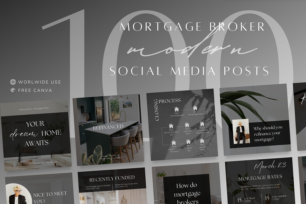 100 Mortgage Broker Posts Black, a Social Media Template by ZoaniDesign