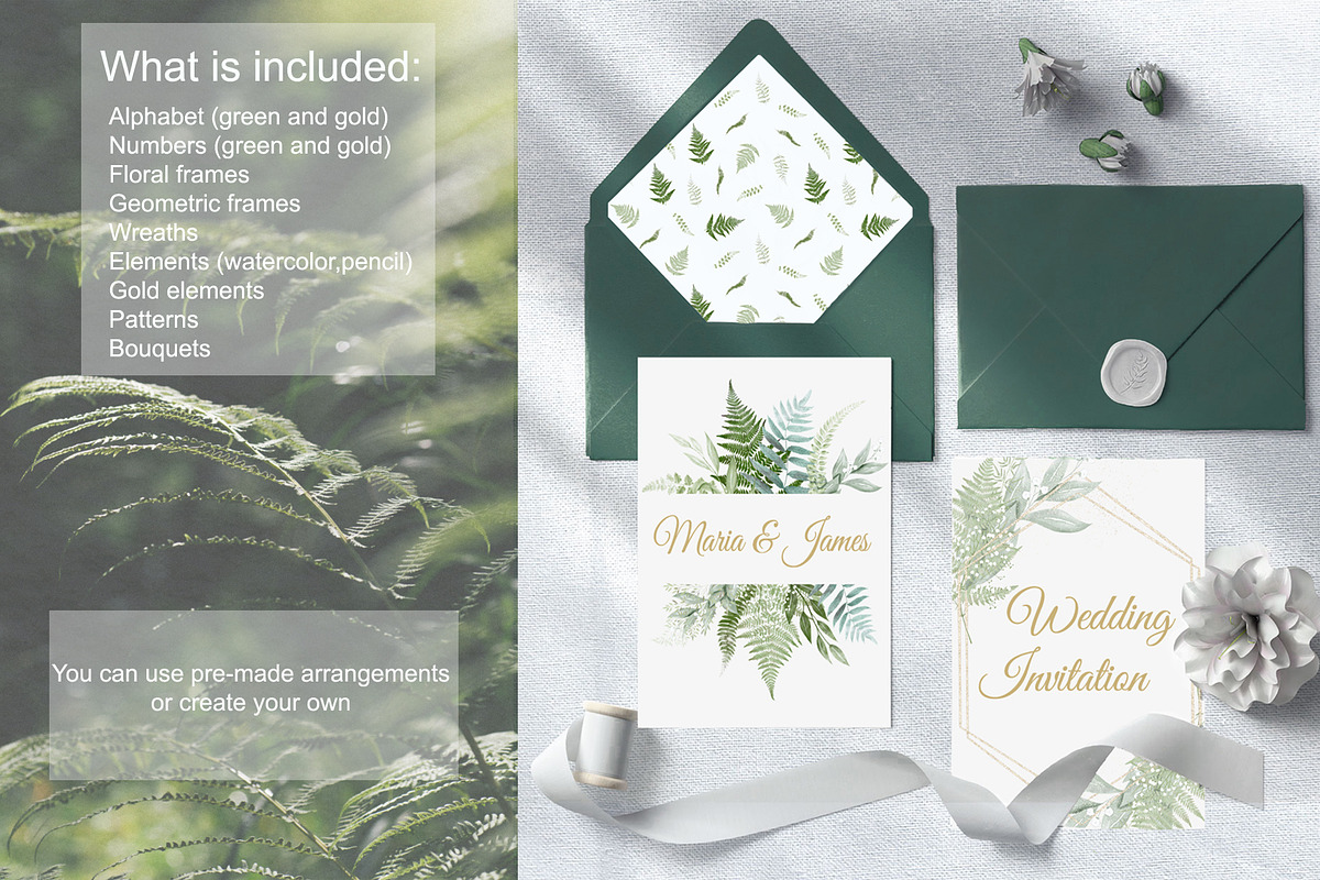 Gold and green watercolor greenery set