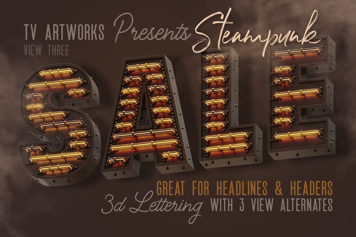 Steampunk Neon 3D Lettering, a Graphic by TVartworks